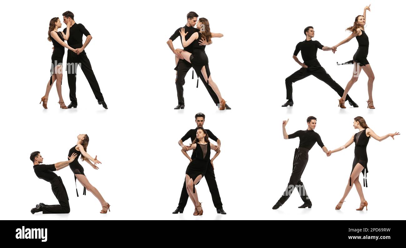 Collage. Stylish expressive young people in black stage costumes dancing, performing tango ...