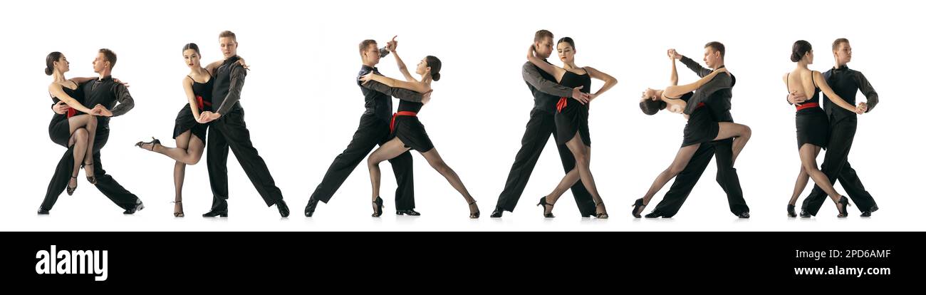 Collage. Stylish expressive young people in black stage costumes ...