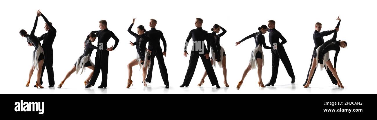 Collage. Stylish beautiful young people, man and woman in black outfits dancing tango and ...