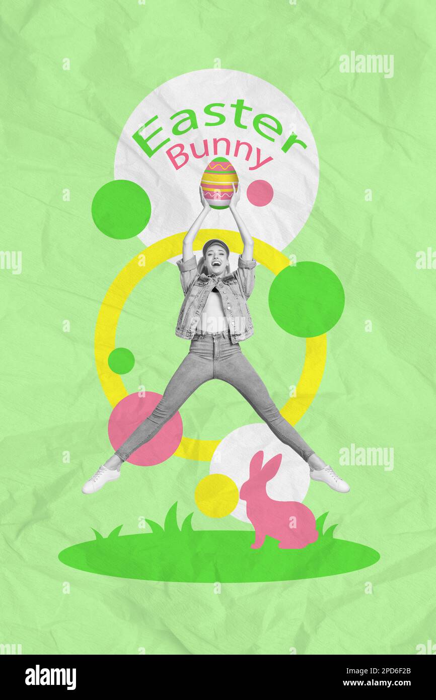 Vertical collage image of crazy black white effect girl jumping arms ...