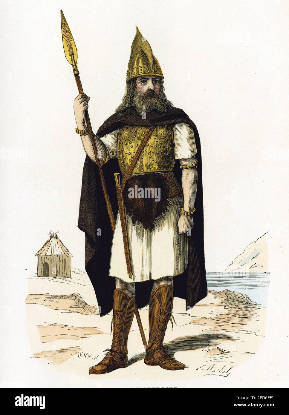 Type de guerrier gaulois, avec lance et epee nydam. Gravure en couleurs ...