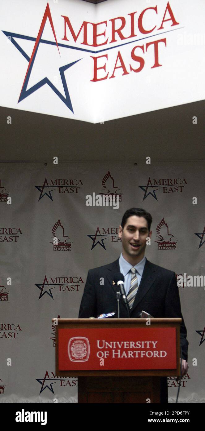 Newly-named Hartford men's basketball coach Dan Leibovitz speaks during ...