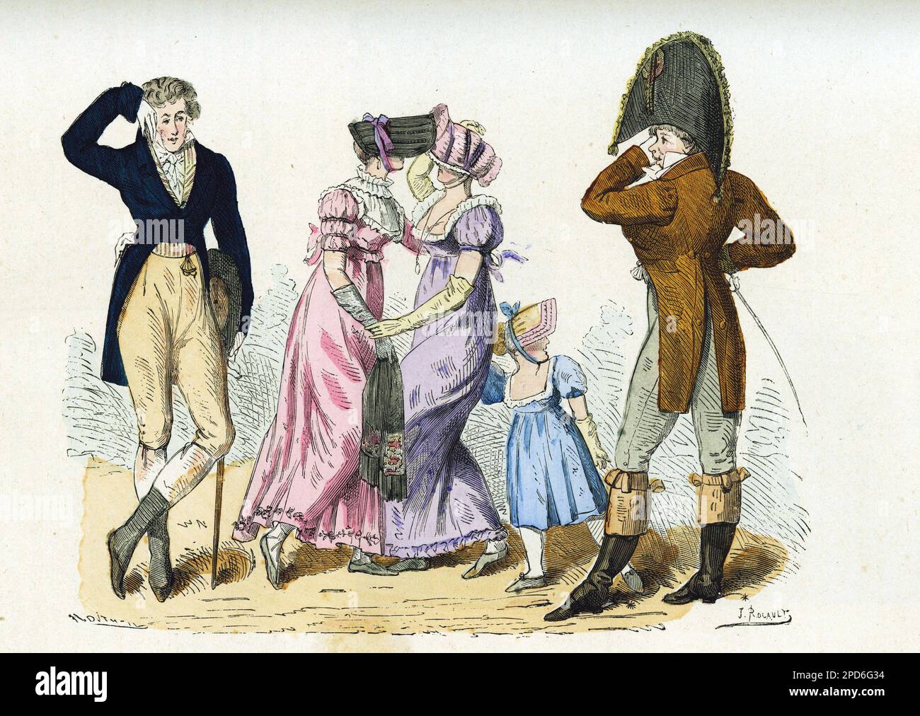 L'embarras des capotes, coiffes feminines.Gravure en couleurs, d'apres ...