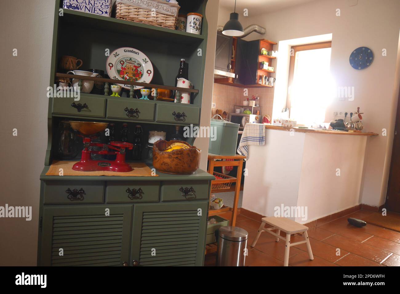 Traditional Hungarian kitchen dresser, kitchen behind, in a peasant ...