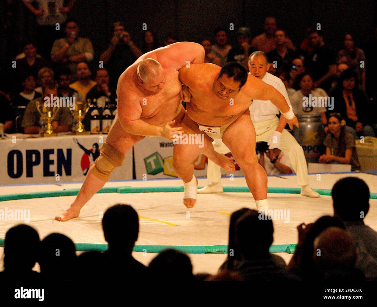 Koichi Kato, 33, right, of Japan throws Torsten Scheibler, 34, of Germany out of the ring during ...