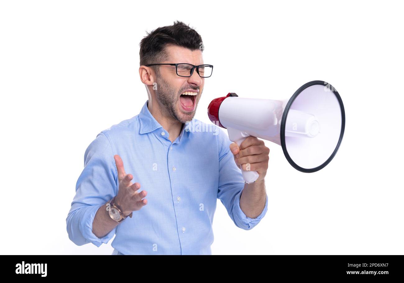 angry man announcer with megaphone in studio. shouting man announcer ...