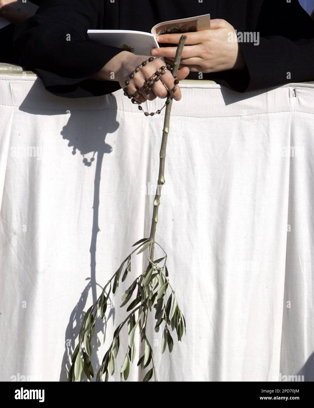 A nun holds a rosary and a branch of an Olive tree during the Palm ...