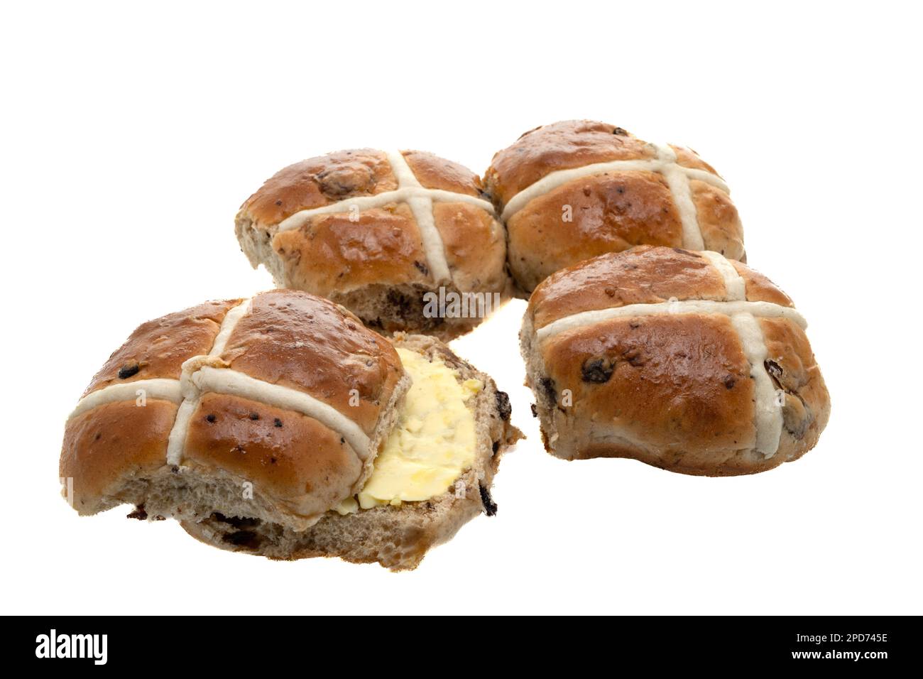 Freshly baked hot cross buns with butter - white background Stock Photo ...