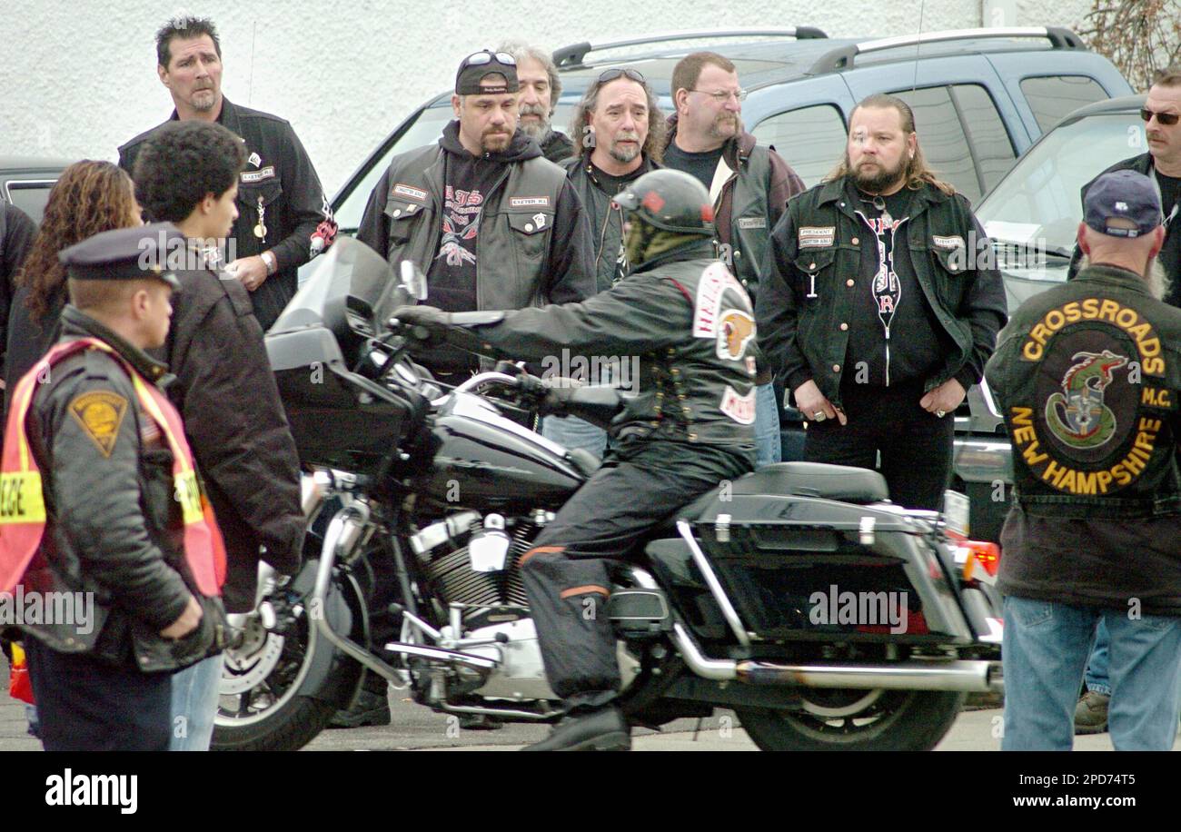 Motorcyclists arrive for the viewing of Roger "Bear" Mariani, Friday, April 7, 2006, at a ...