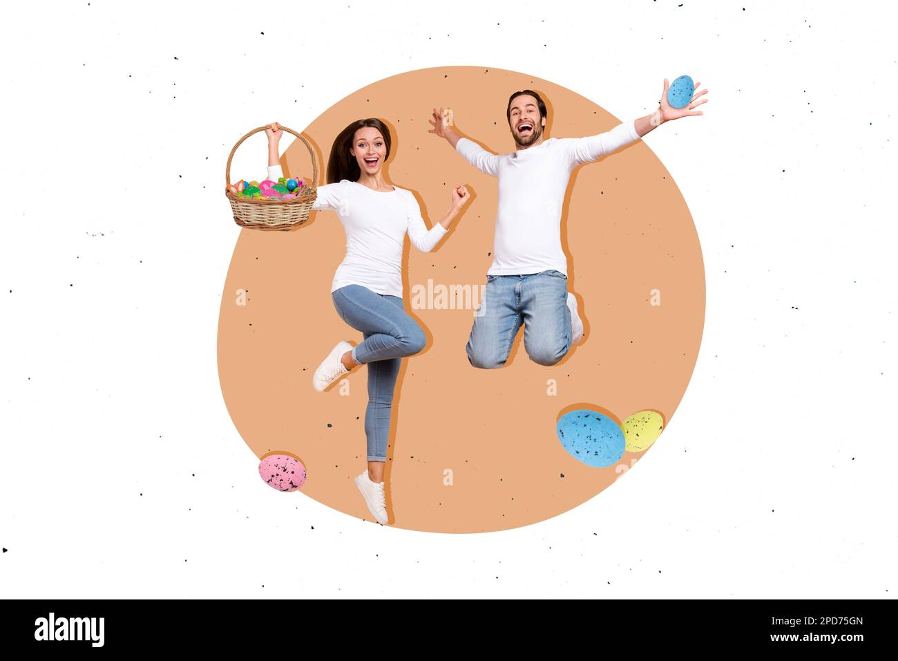 Collage portrait of two excited overjoyed people jumping hold painted ...