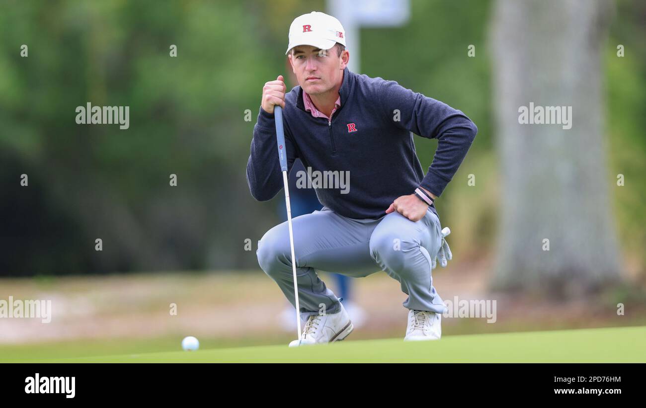 Rutgers' Weston Jones looks over the lay of the 8th green green during ...