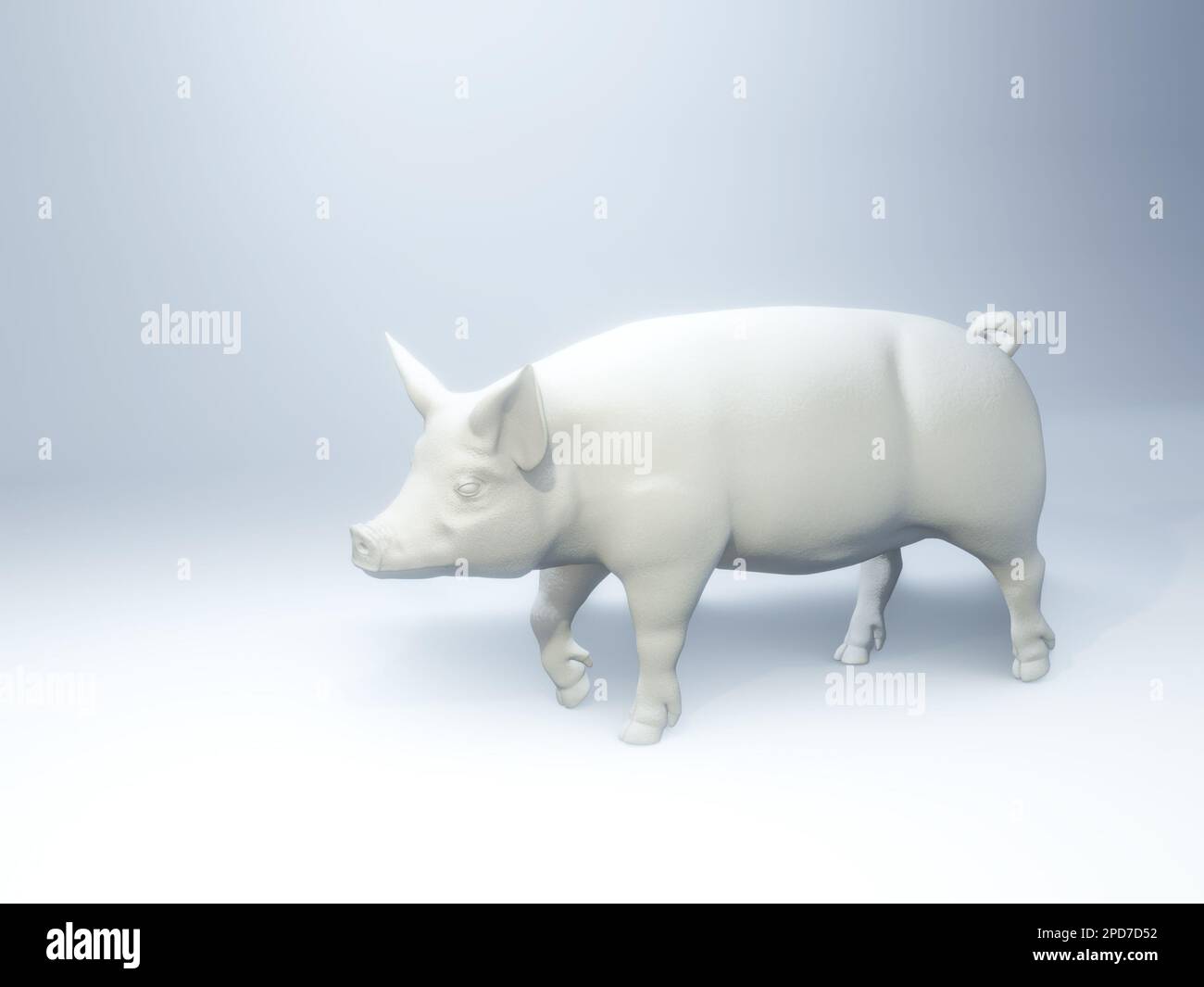 Side view of a white pig sculpture over a brightly lit background ...