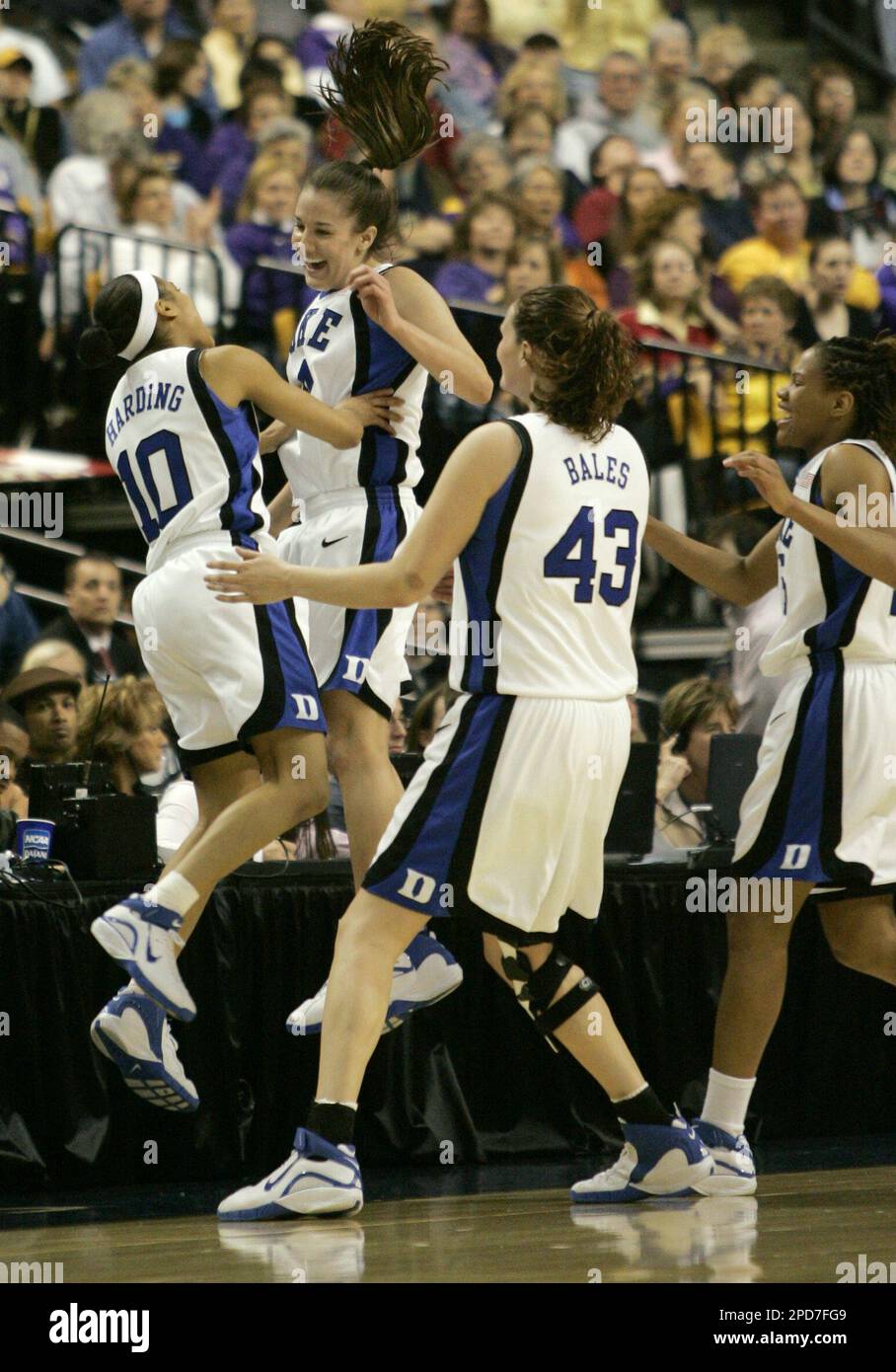 Duke's Lindsey Harding (10), Abby Waner (4), Alison Bales (43), and ...