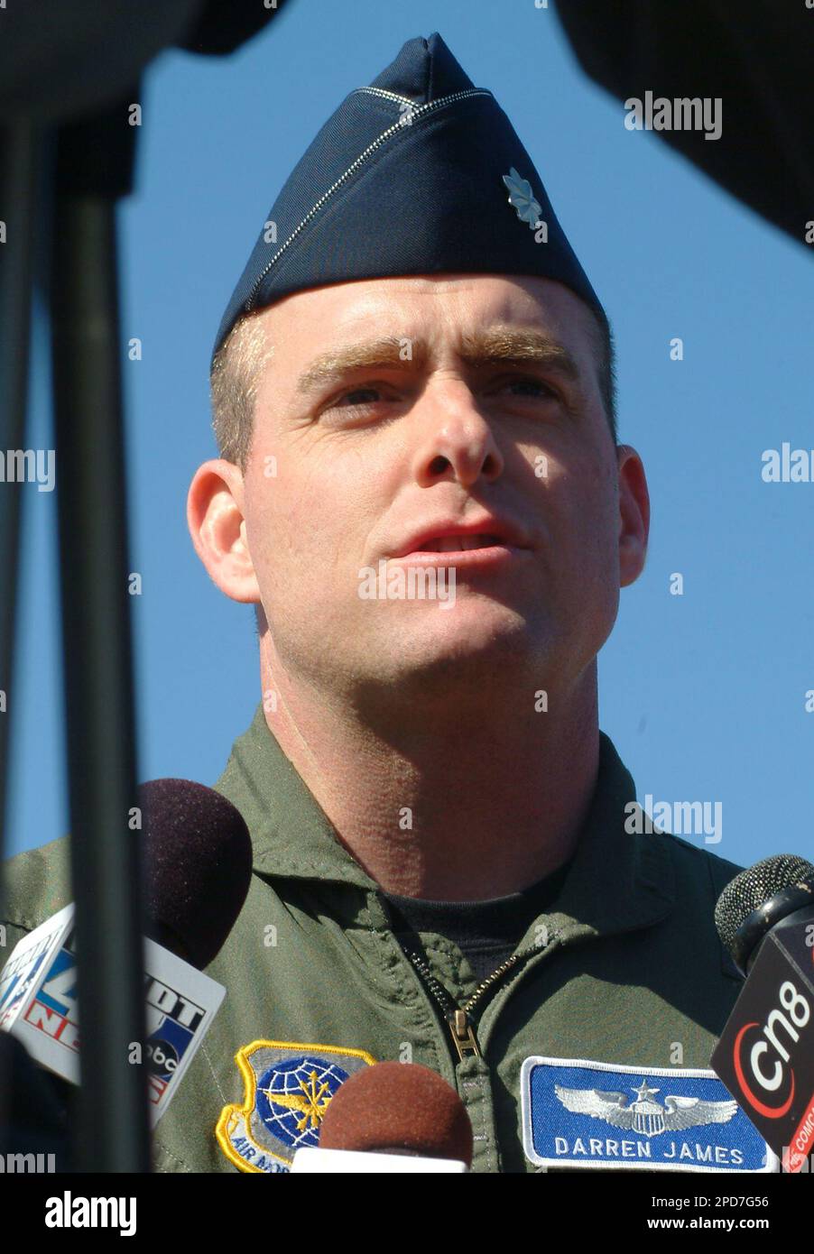 U.S. Air Force Safety Officer Lt. Col. Darren James speaks with the ...