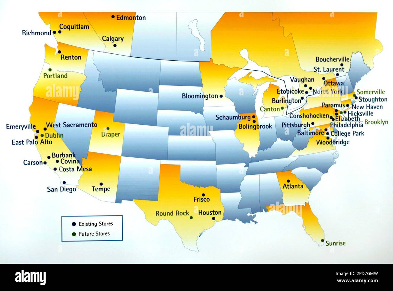 A U.S. and Candian map showing current and future IKEA stores is ...