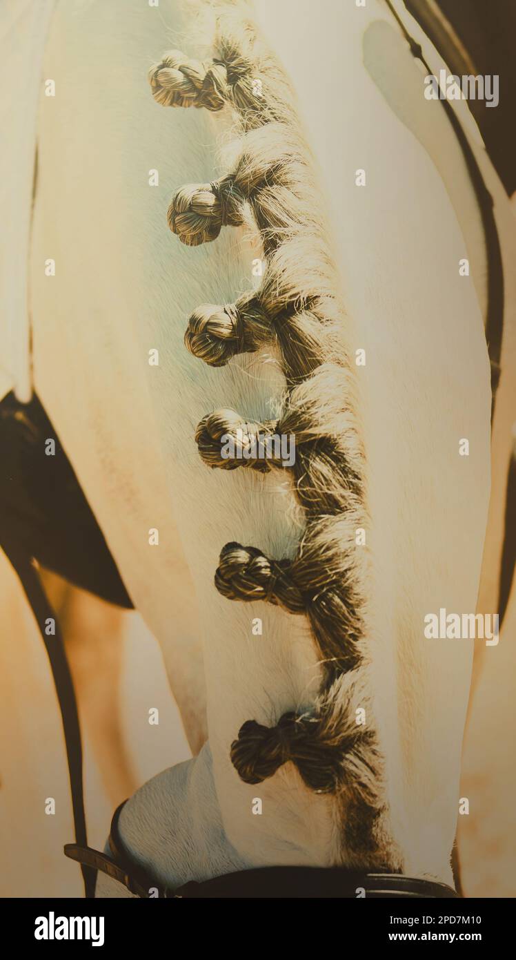 The beautiful gray mane of the white horse is braided in pigtails. The ...