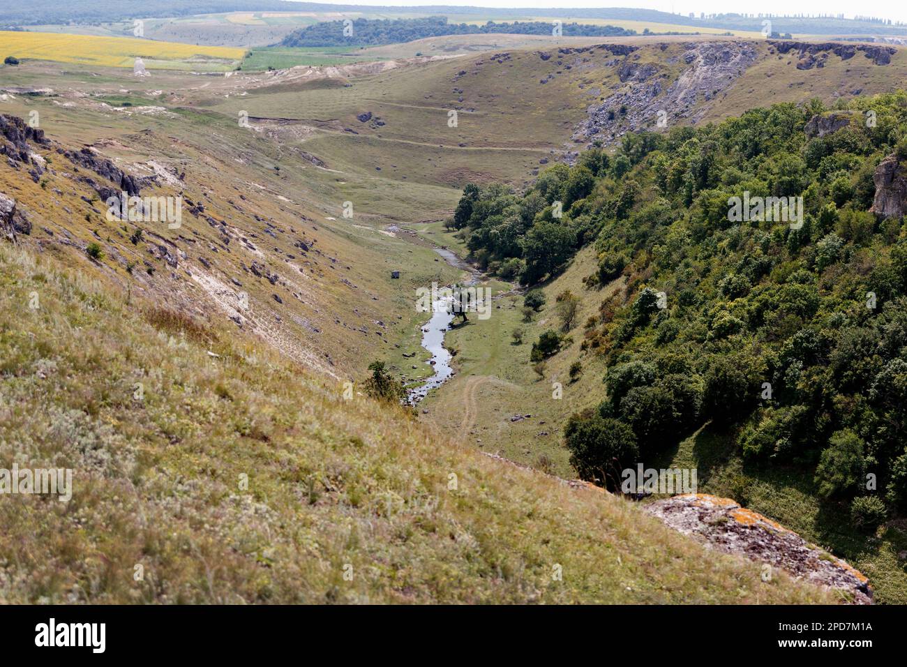 Beautiful natural gorge strewn with hills, grass and trees. At bottom ...
