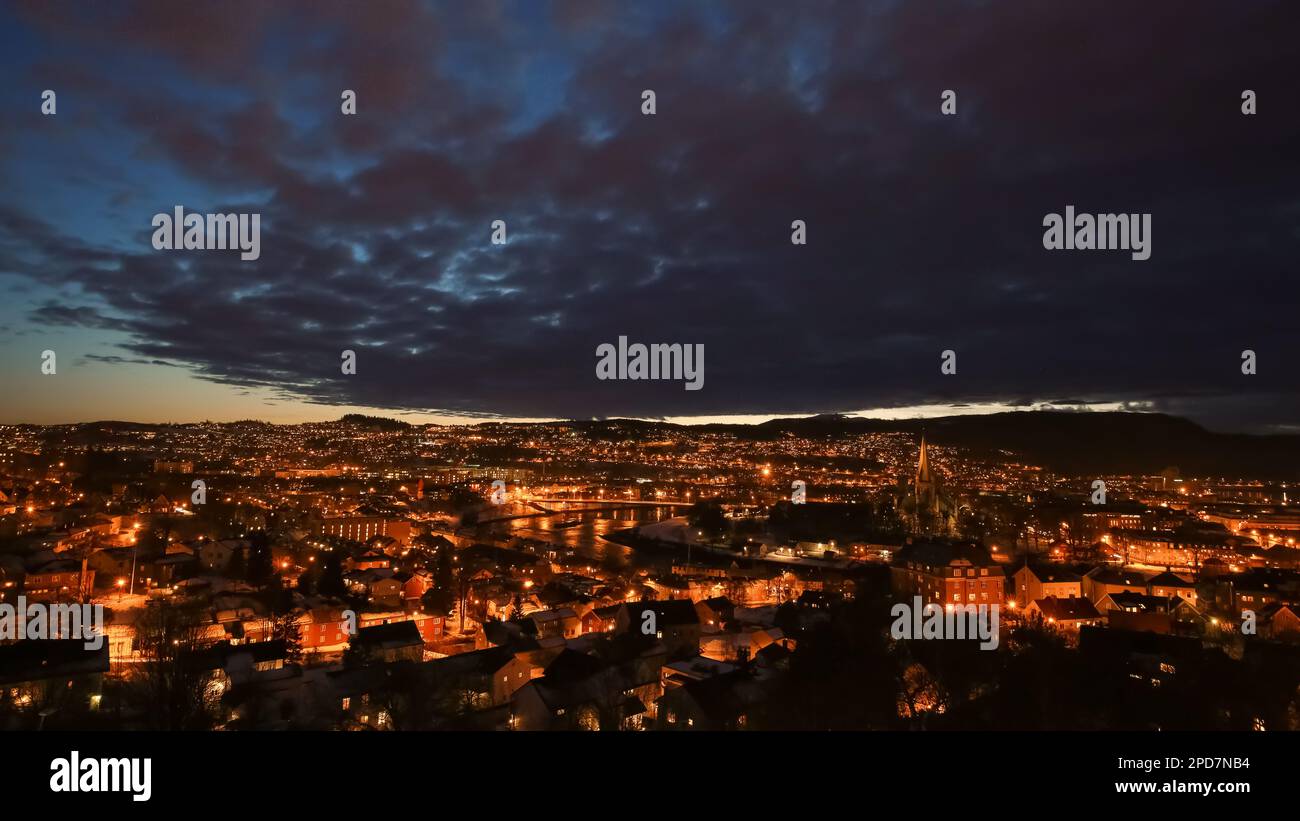 Spring in Trondheim, aerial view of the historical downtown during ...
