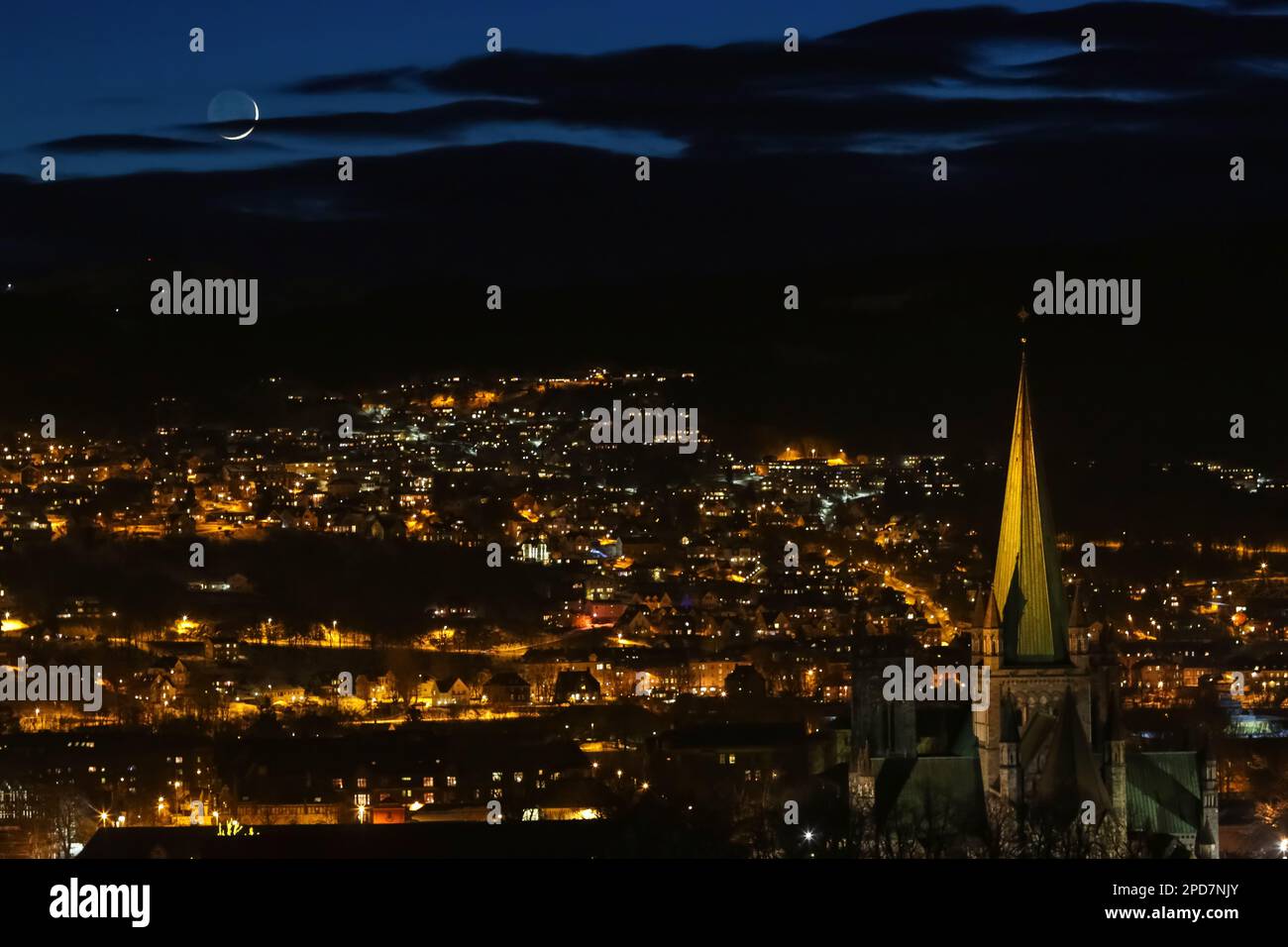 Spring in Trondheim, aerial view of the historical downtown and the ...