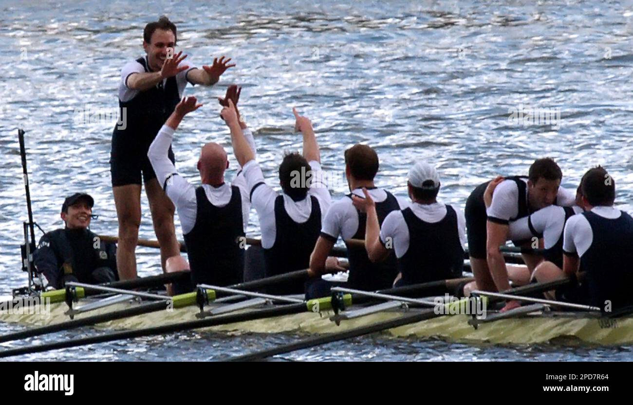 Oxford's French stroke, Bastien Ripoll, 2nd left, celebrates with Jake ...