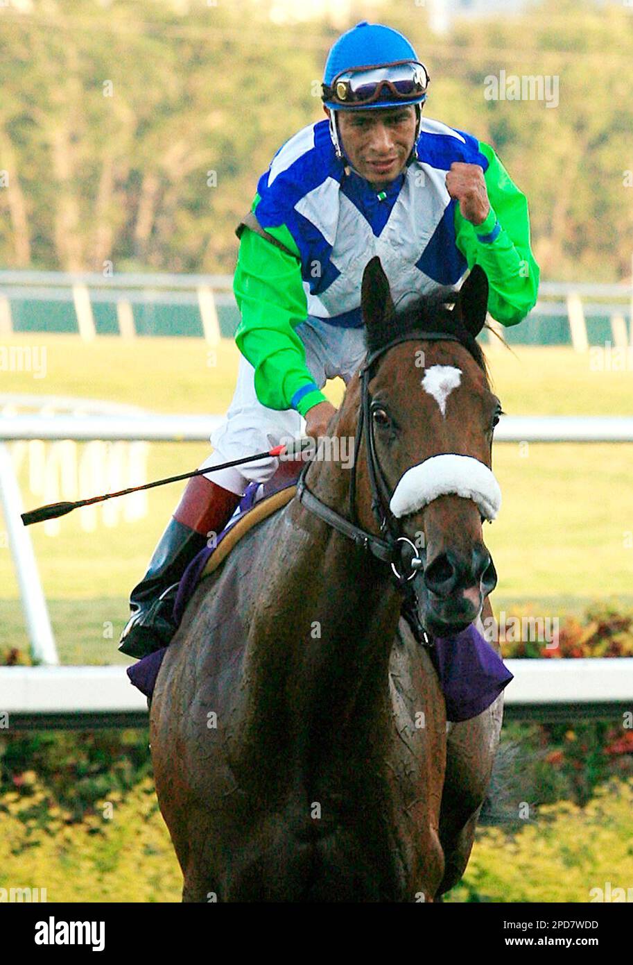 Jockey Edgar Prado celebrates aboard Barbaro after winning the $1 ...