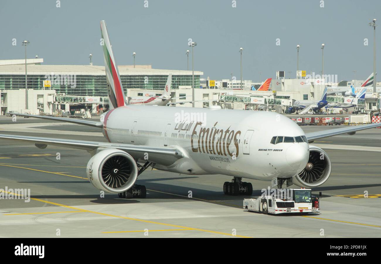 The aircraft of Emirates airline on the runway of an airport Stock ...