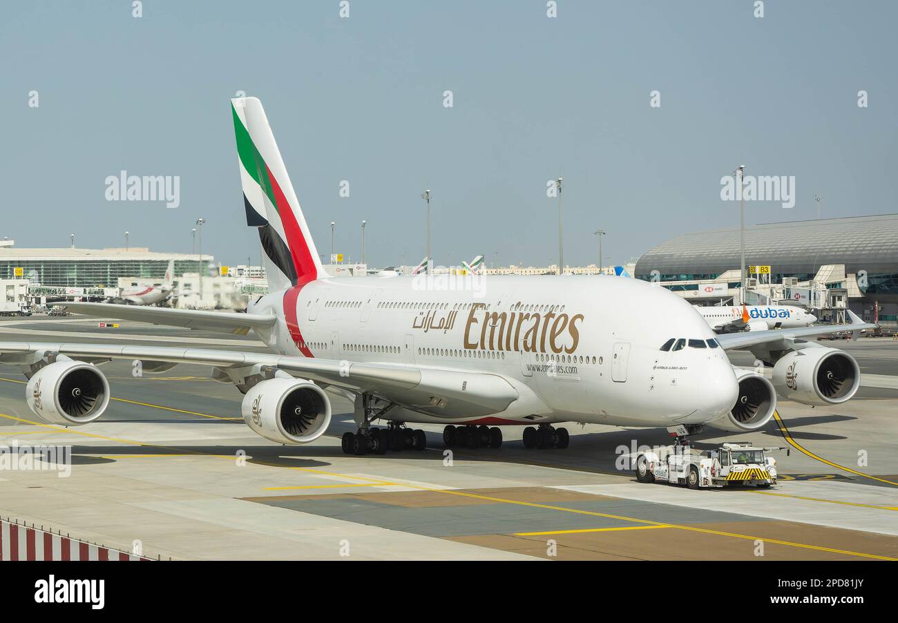 The aircraft of Emirates airline on the runway of an airport Stock ...