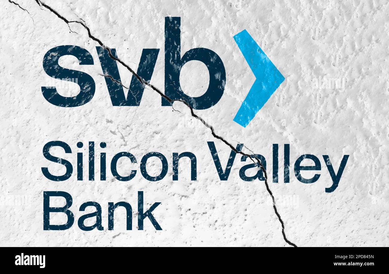 Santa Clara, USA, March 2023: The Silicon Valley Bank logo broken by a crack. In 2023, SVB ...