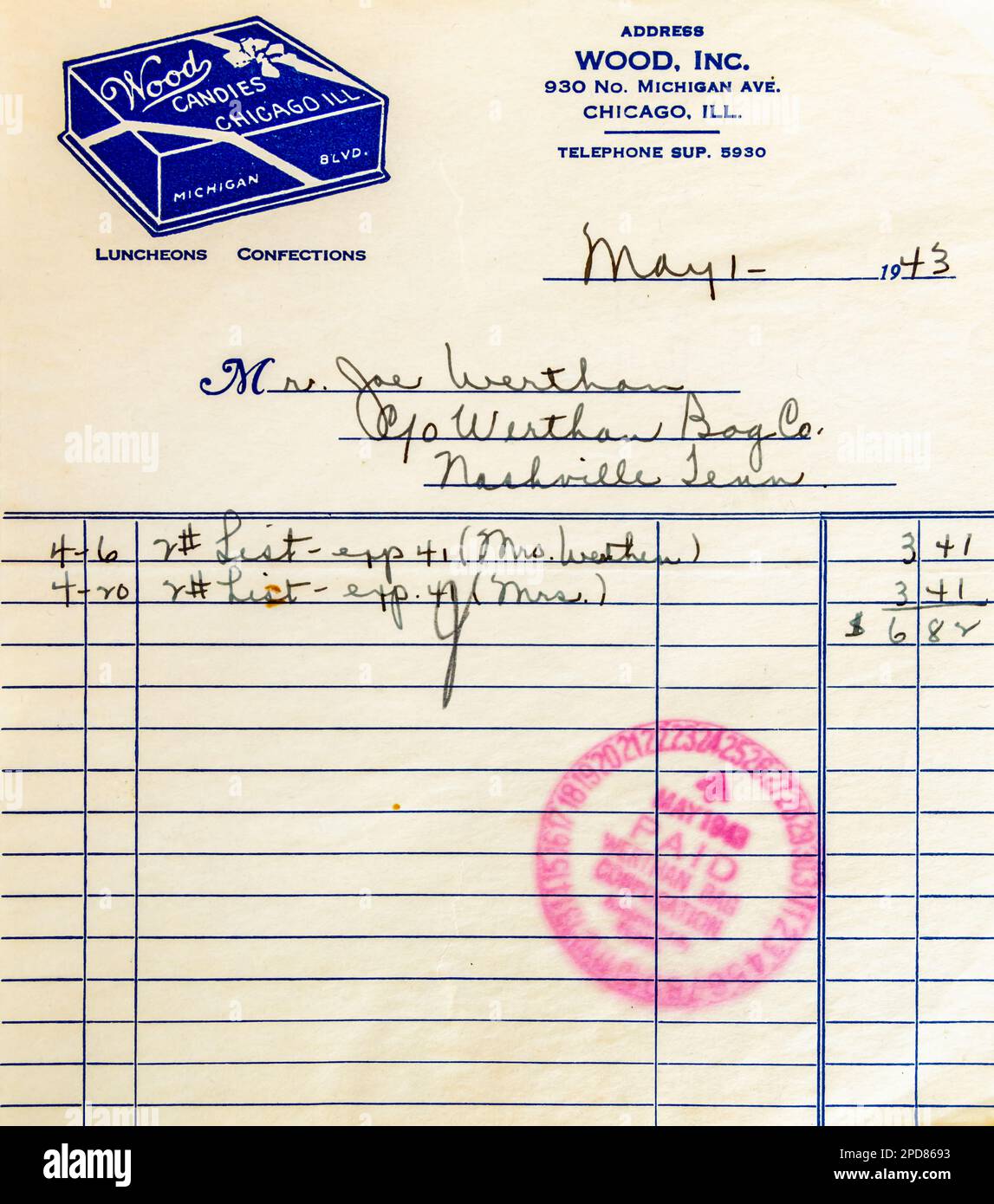 A 1943 reciept ffrom Wood Candies of Chicago, IL Stock Photo - Alamy