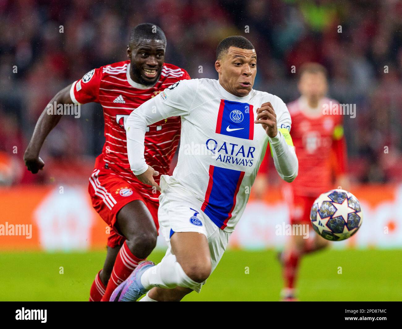 #7 Kylian MBAPPE ahead of Bayern's #2 Dayot UPAMECANO. Soccer, Bayern ...