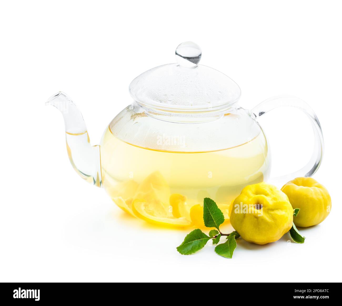 Hot quince tea in transparent teapot with fresh fruits isolated on ...