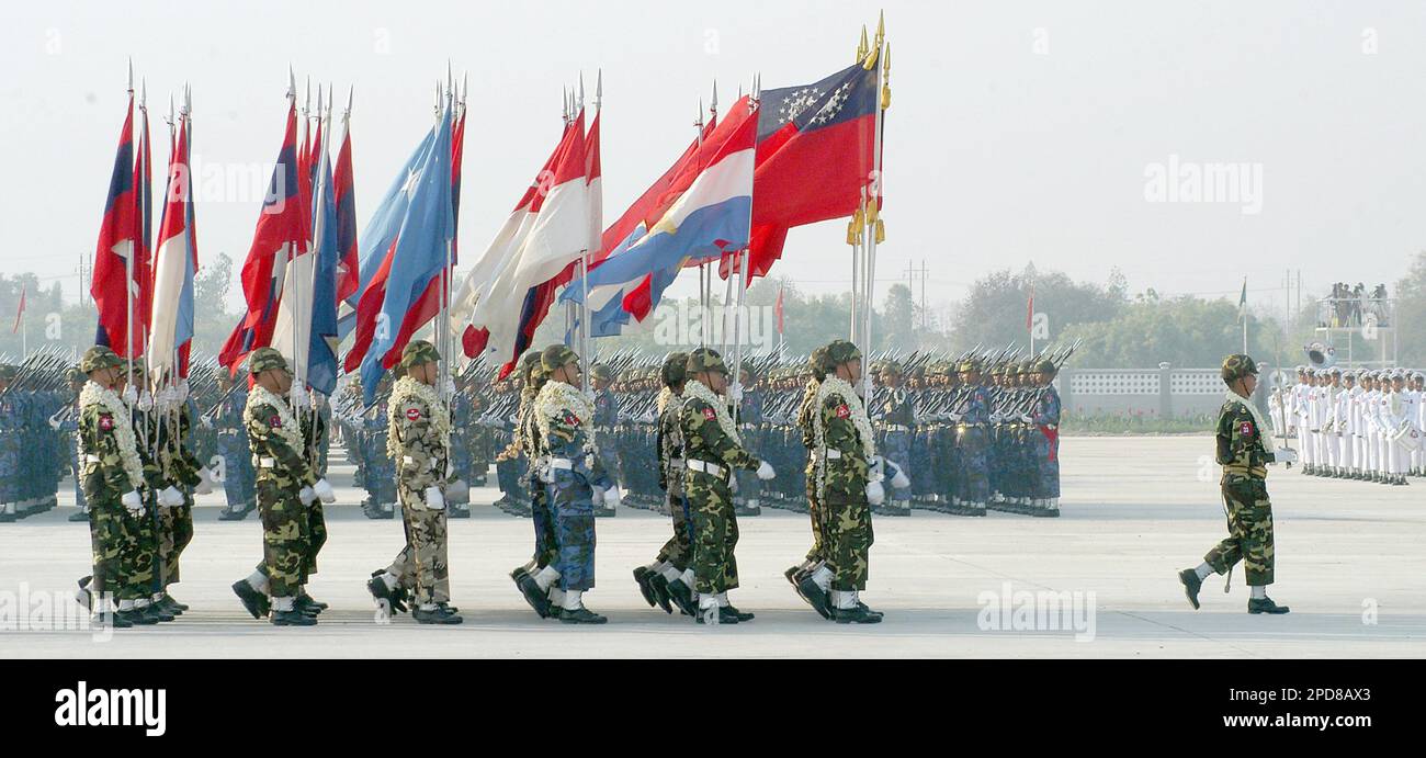 Myanmar soldiers march in formation Monday, March 27, 2006, in the new ...