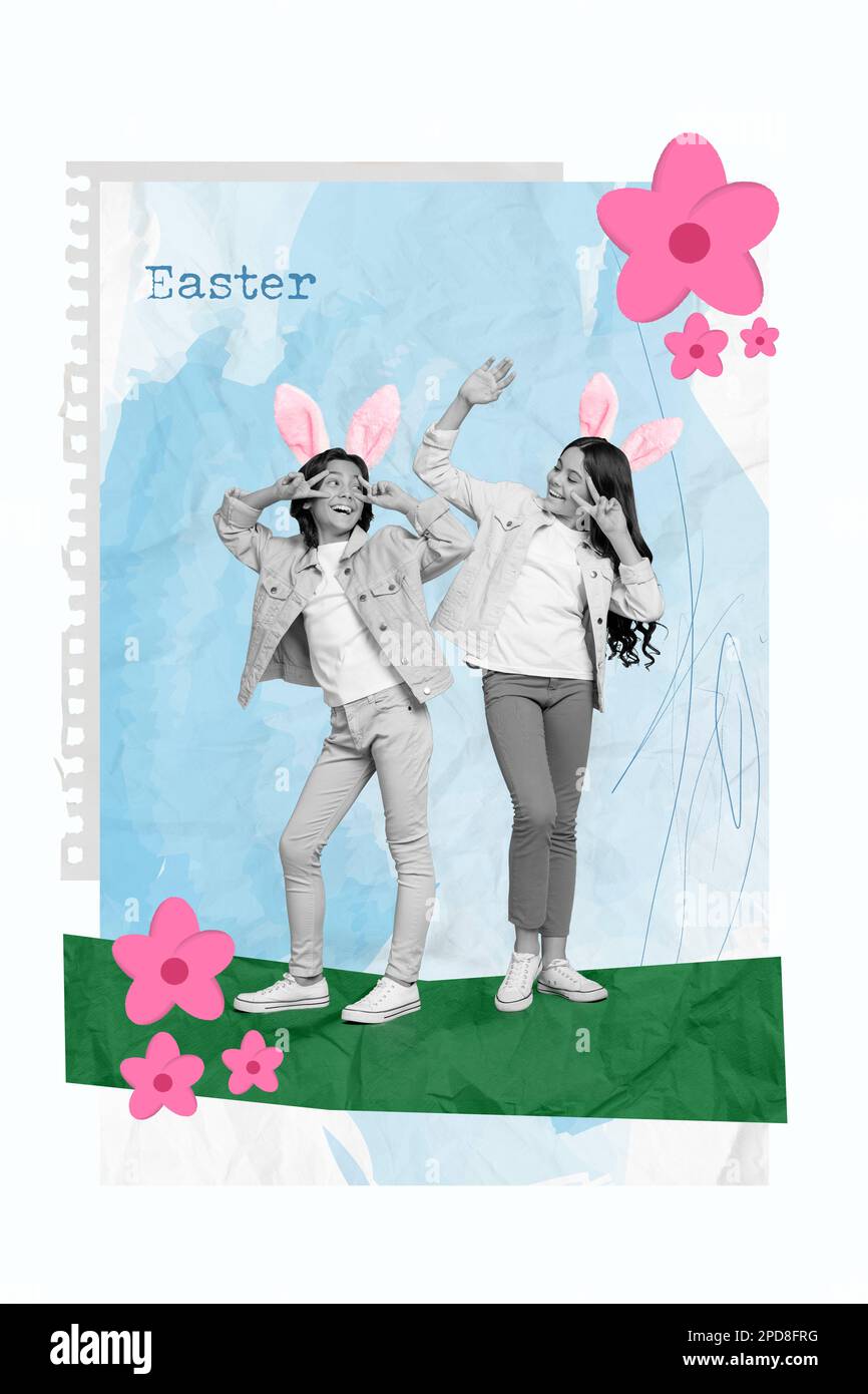 Spring season collage artwork of two little friends spend time together ...