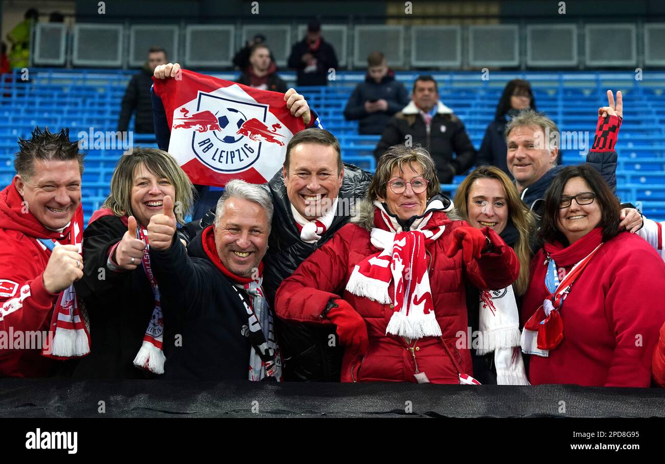 Red Bull Leipzig fans pose for photographs before the UEFA Champions ...