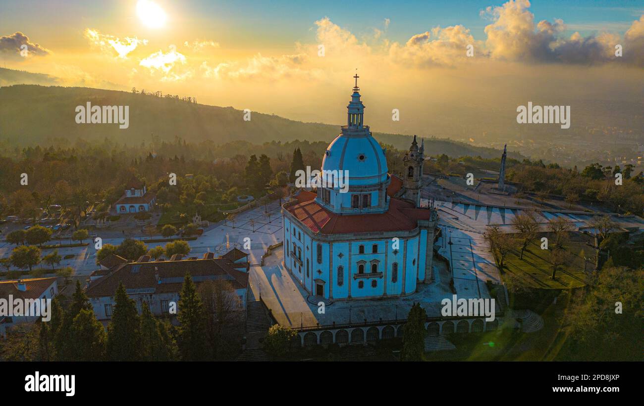 An aerial view of the Sanctuary of Our Lady of Sameiro at sunset in ...