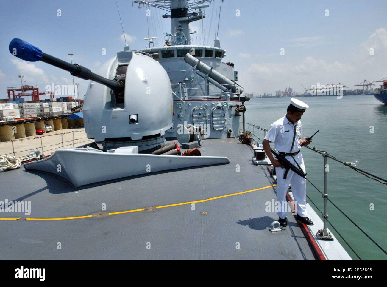 A Pakistani sailor stand guards on board Pakistani Navy's front line ...