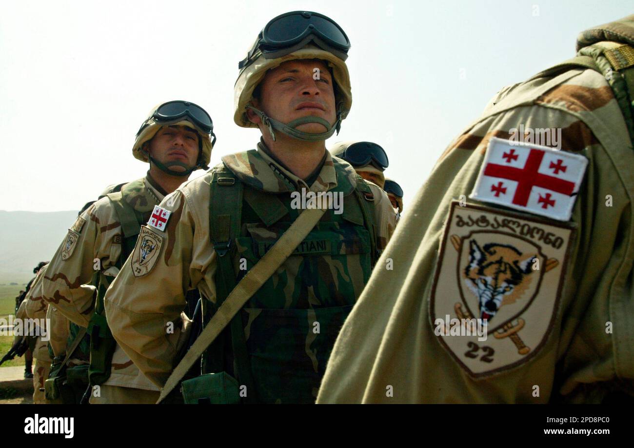 U.S.-trained Georgian soldiers stand during a farewell ceremony at the ...