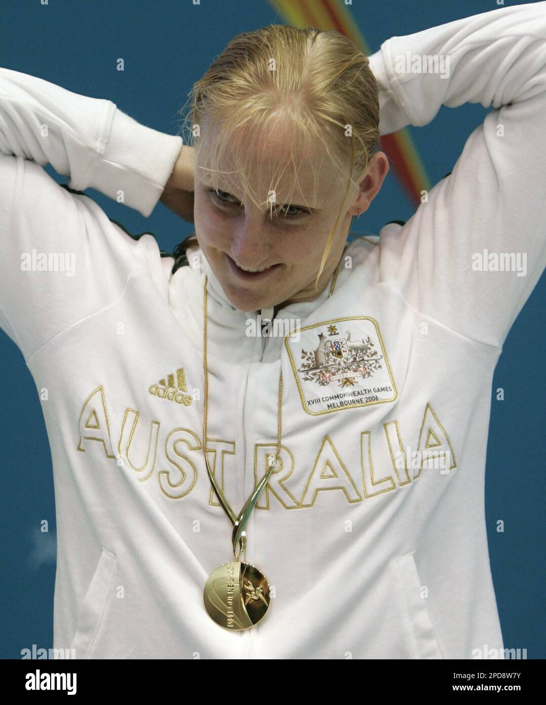 Australia's gold medalist Jessicah Schipper adjusts the gold medal on ...