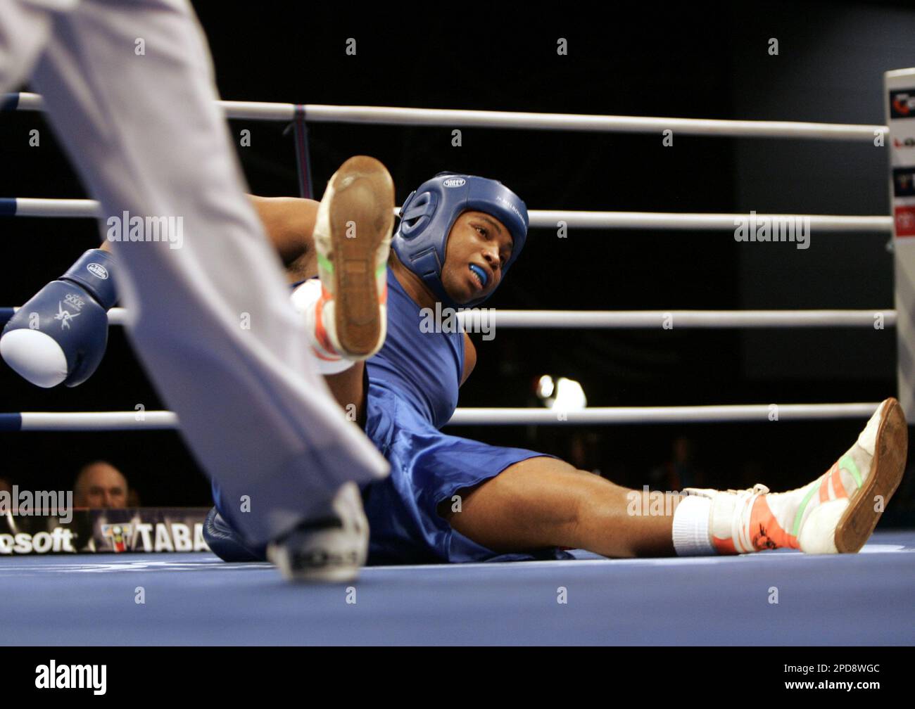 Seychelles' Patrick Michel Camille sits on the canvas after being ...