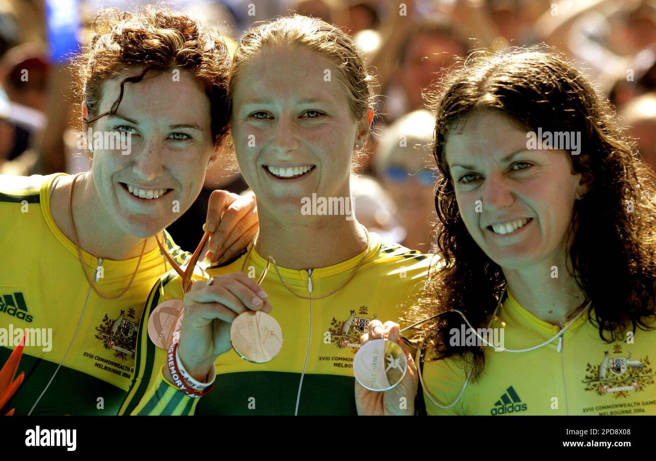 Australia's gold medalist Oenone Wood, center, poses with her ...