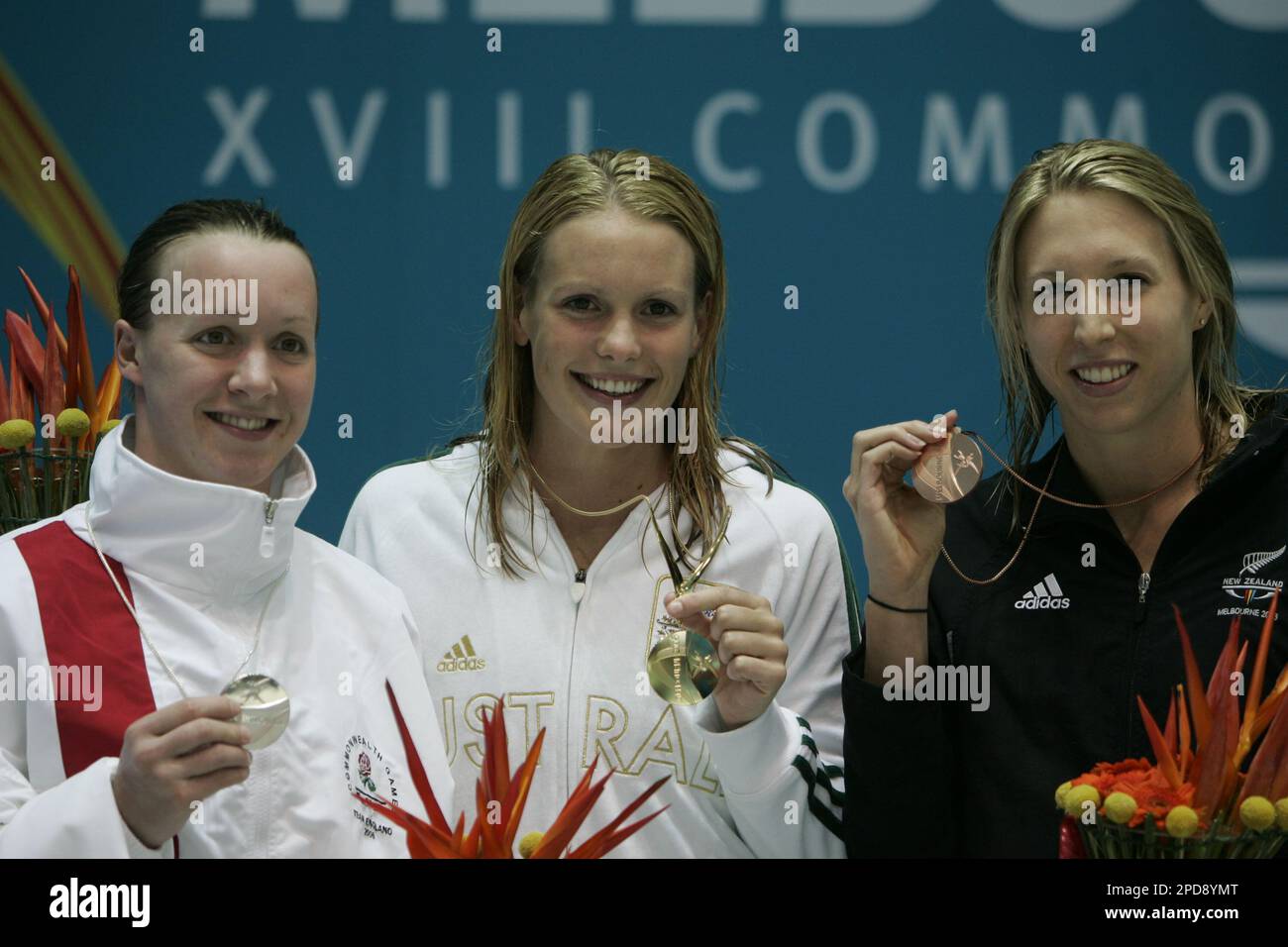 Australian gold medalist Joanna Fargus, center poses with England's ...