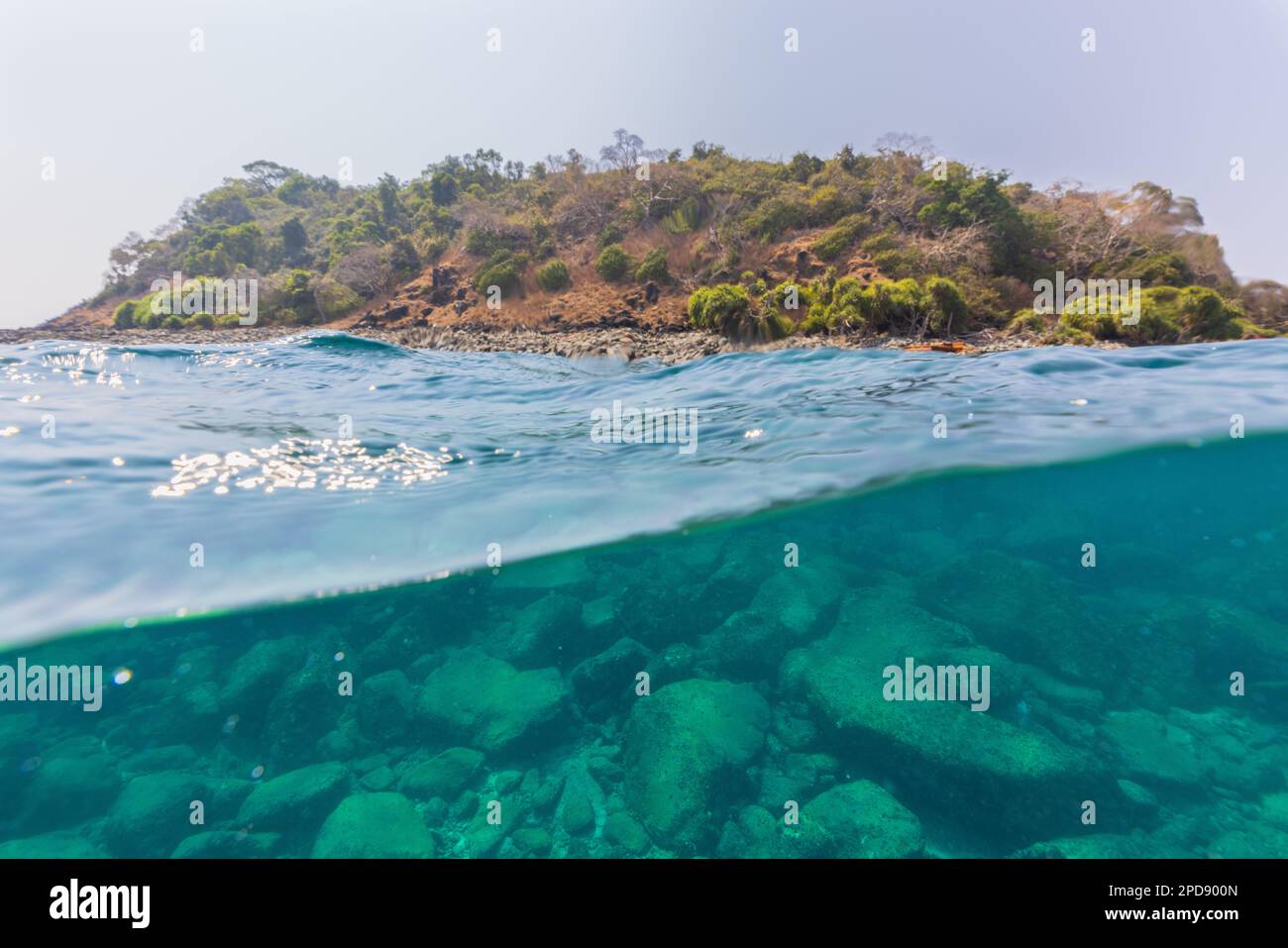 Over-Under image of Netrani Island showing underwater habitat and also ...
