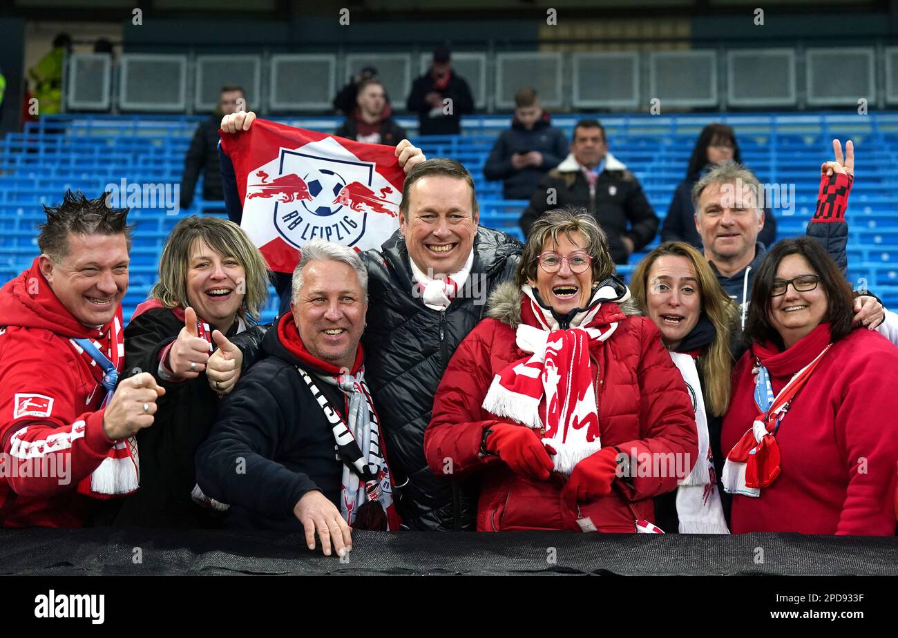 Red Bull Leipzig fans pose for photographs before the UEFA Champions ...
