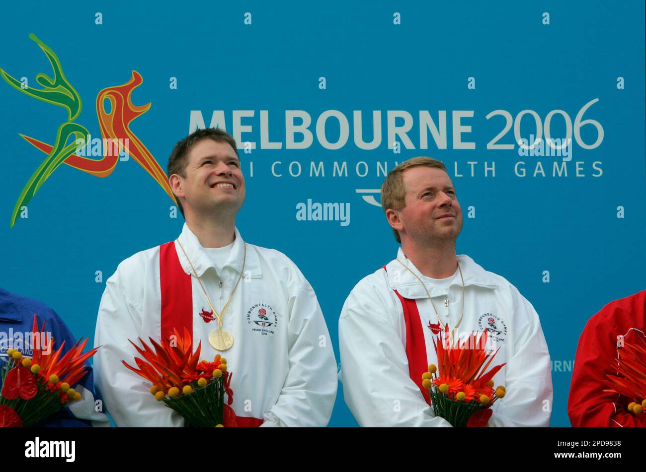 Gold medalists England's Mike Babb, left, and Chris Hector look at ...