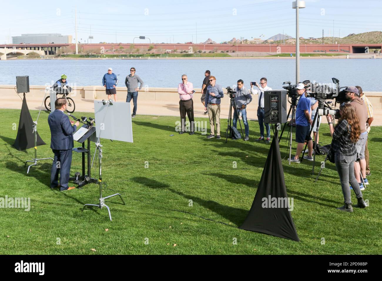 Arizona Senate candidate Ruben Gallego holds a press conference outside ...
