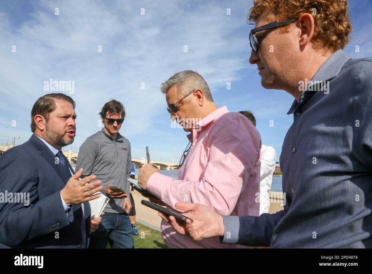 Arizona Senate candidate Ruben Gallego takes questions from reporters ...