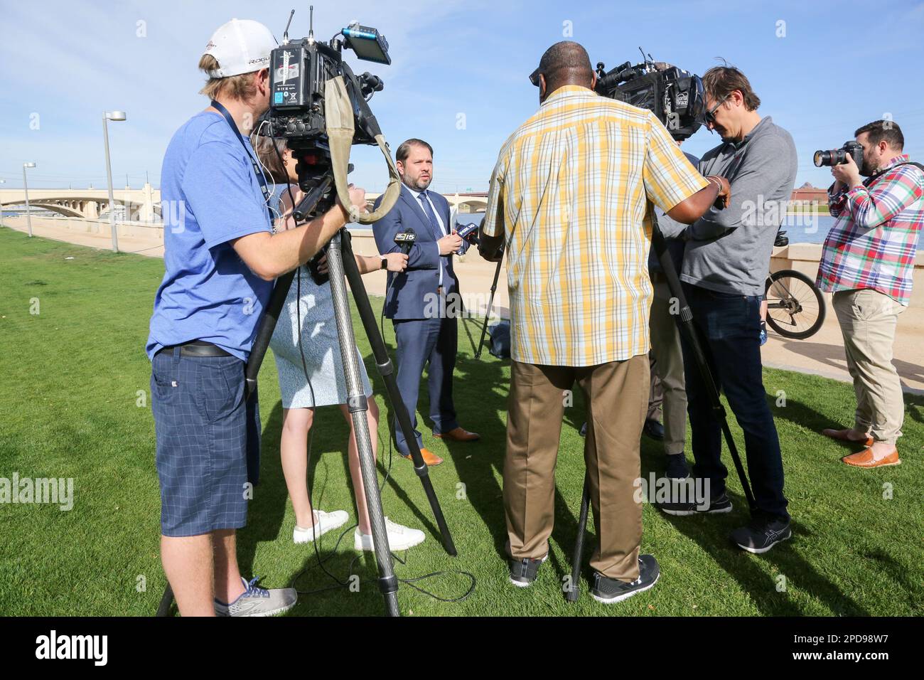 Arizona Senate candidate Ruben Gallego holds a press conference outside ...