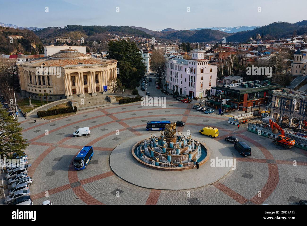 Panoramic aerial view of Kutaisi, Georgia from drone. Square of David ...