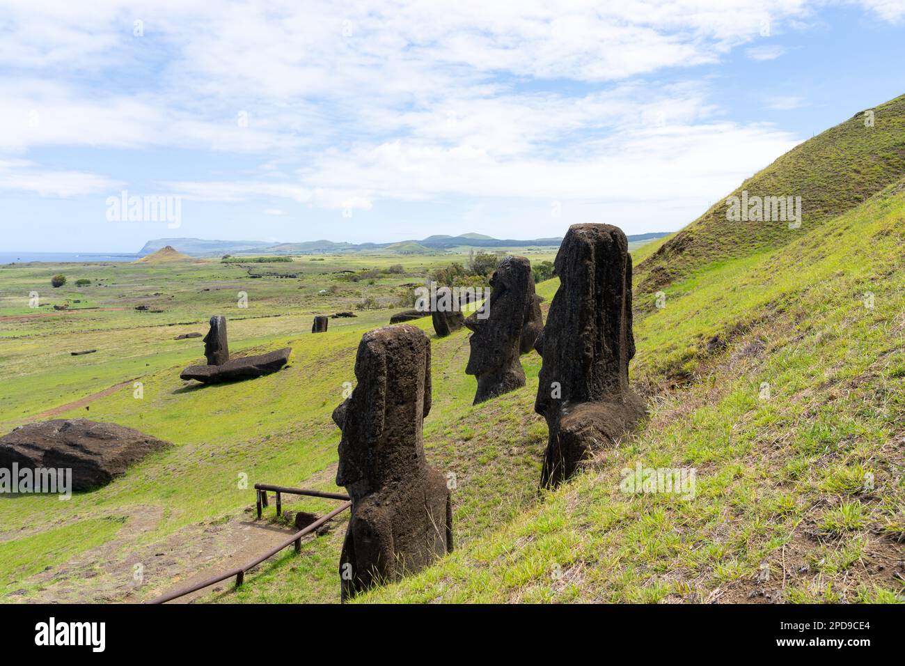 Back view of the Moai statues at Rano Raraku on Easter Island (Rapa Nui) in Chile Stock Photo ...