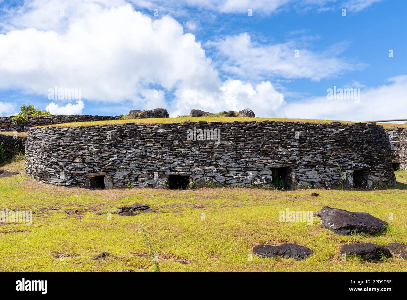Restored stone houses at Orongo on Easter Island (Rapa Nui), Chile ...